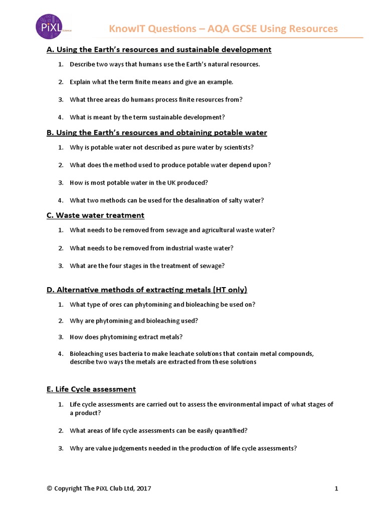 Knowit Questions - Aqa Gcse Using Resources: A. Using The Earth'S ...