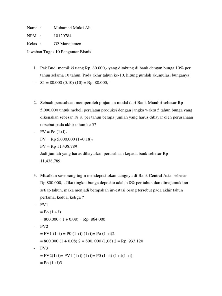 Tugas 10 Pengantar Bisnis - Muhamad Mukti Ali | PDF | Bisnis | Pengelolaan Keuangan & Uang