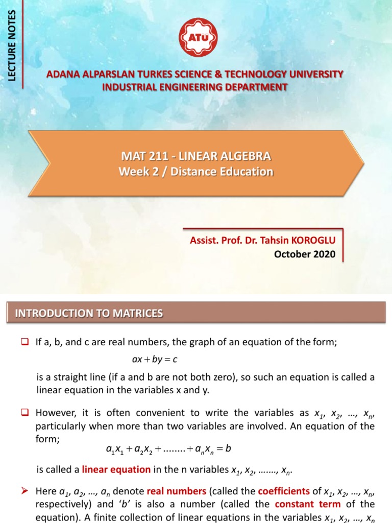 Mat 211 - Linear Algebra Week 2 / Distance Education | PDF | System Of ...