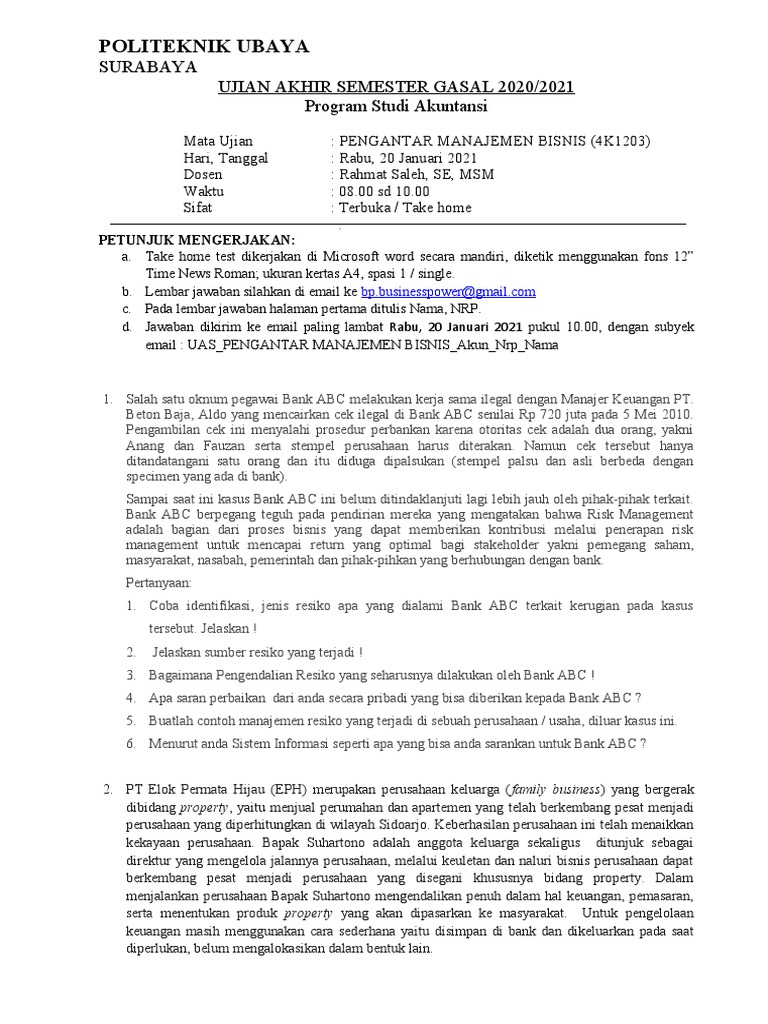 Soal UAS PENGANTAR MANAJEMEN BISNIS Prodi Akuntansi Kelas Pagi | PDF