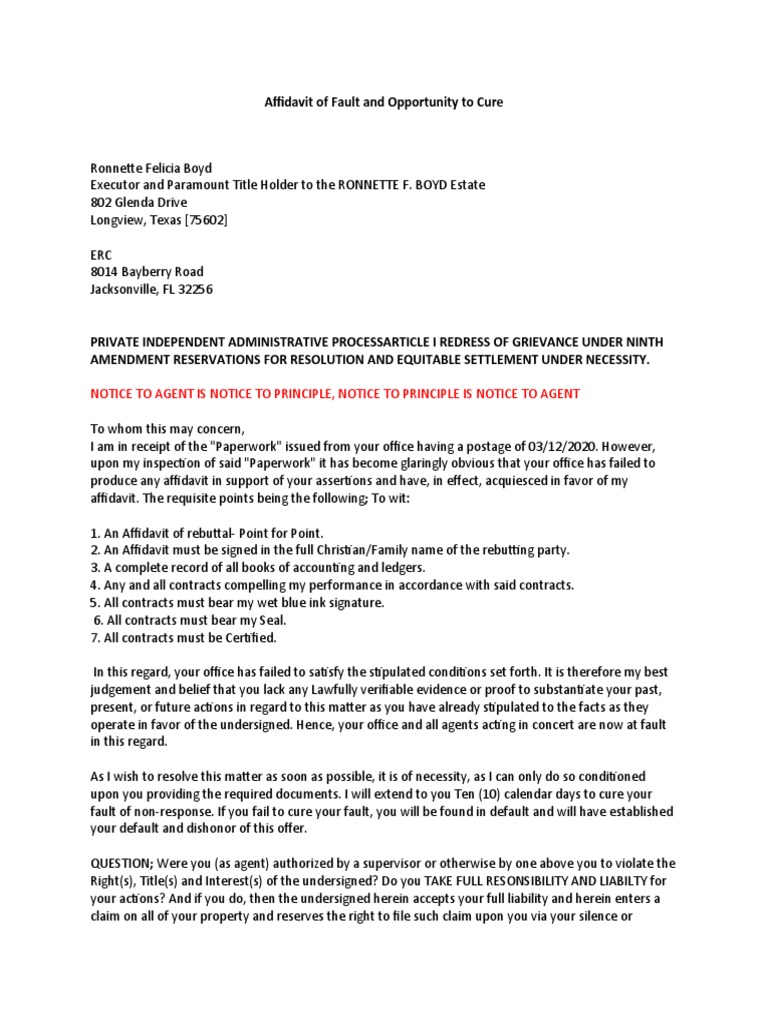 Affidavit of Fault and Opportunity To Cur12 | PDF | Complaint | Affidavit