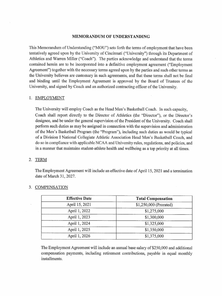 Memo of Understanding Between UC and Wes Miller | PDF