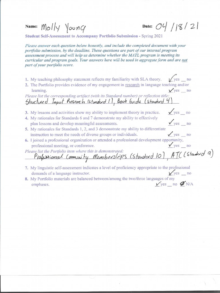 Portfolio Self-Assessment | PDF