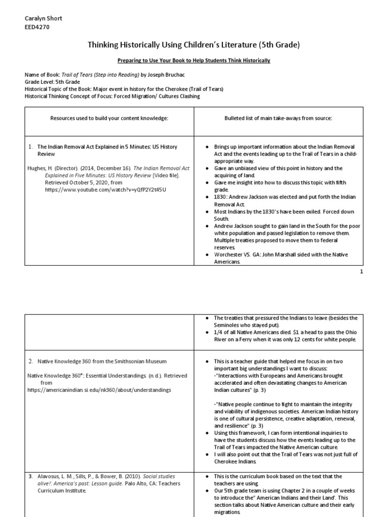 Thinking Historically Using Children's Literature (5th Grade) | PDF ...