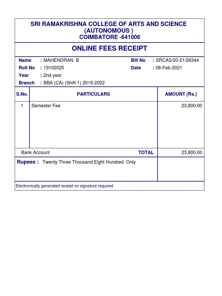 Online Fee Receipt for 2nd Year BBA | PDF