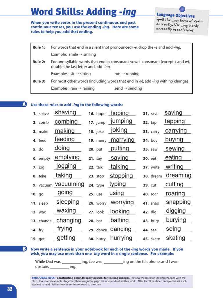 Word Skills: Adding - Ing: Spell The - Ing Form of Verbs Correctly. Use ...