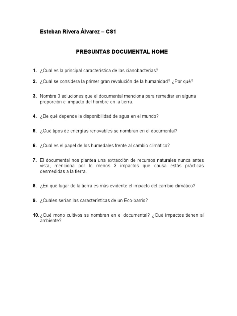 Preguntas Documental Home | PDF | Energía renovable | Agricultura