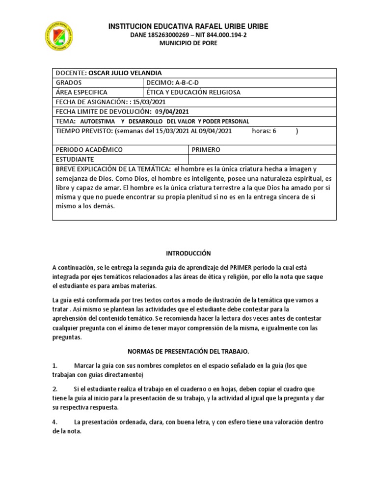 Ética y Religión Guía 2 | PDF | Autoestima | Religión y creencia