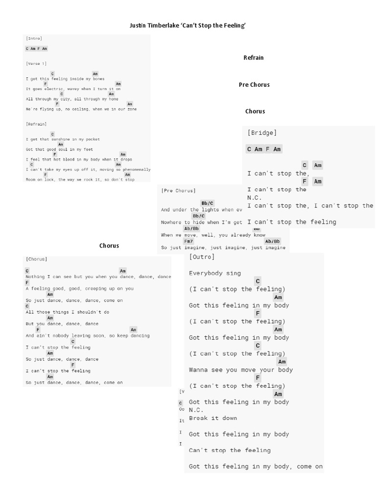 Can't Stop The Feeling Chords and Lyrics | PDF