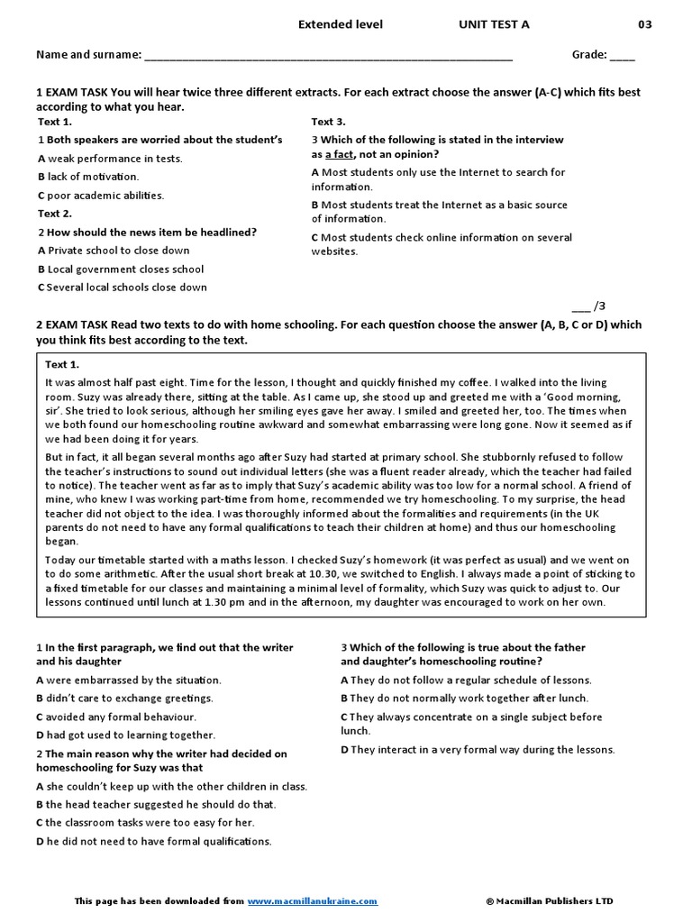 Extended Level Unit Test 3A | PDF | Homeschooling | Teachers
