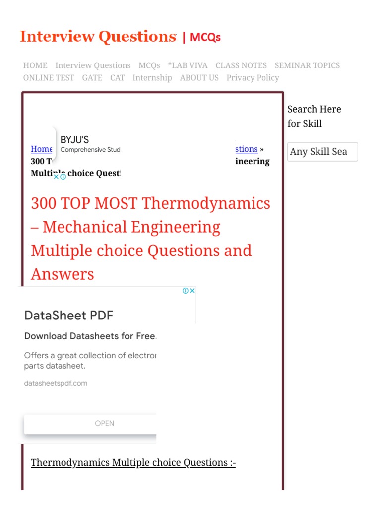 300+ TOP THERMODYNAMICS Multiple Choice Questions and Answers | PDF | Heat | Gases