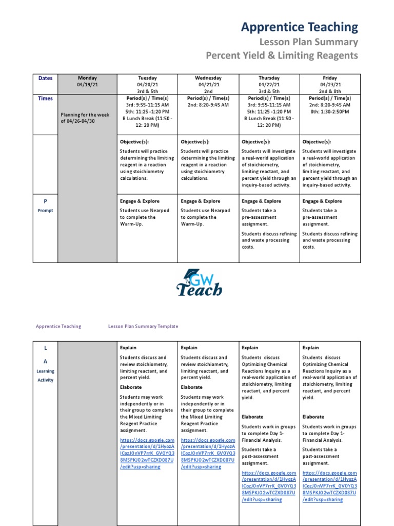 Chemistry Lesson Plan Summary | PDF | Stoichiometry | Unit Processes