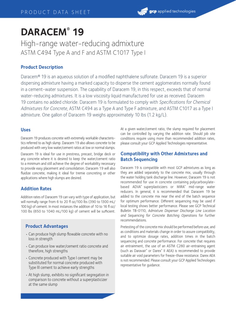 Daracem 19: High-Range Water-Reducing Admixture | PDF | Concrete ...