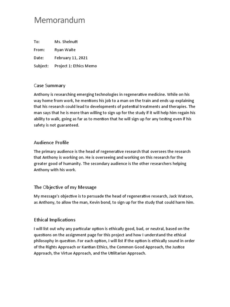 Major Project 1 Ethics Memo | PDF | Utilitarianism | Philosophical Theories