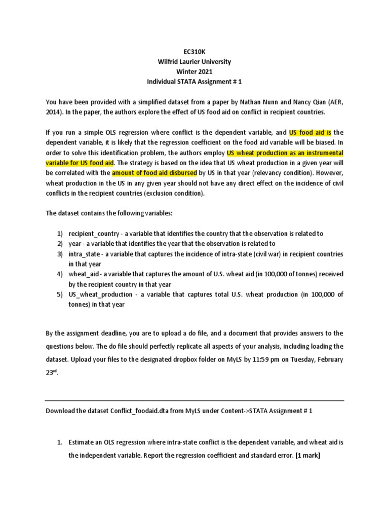 Stata Assignment 1 Instructions Pdf Regression Analysis 5634