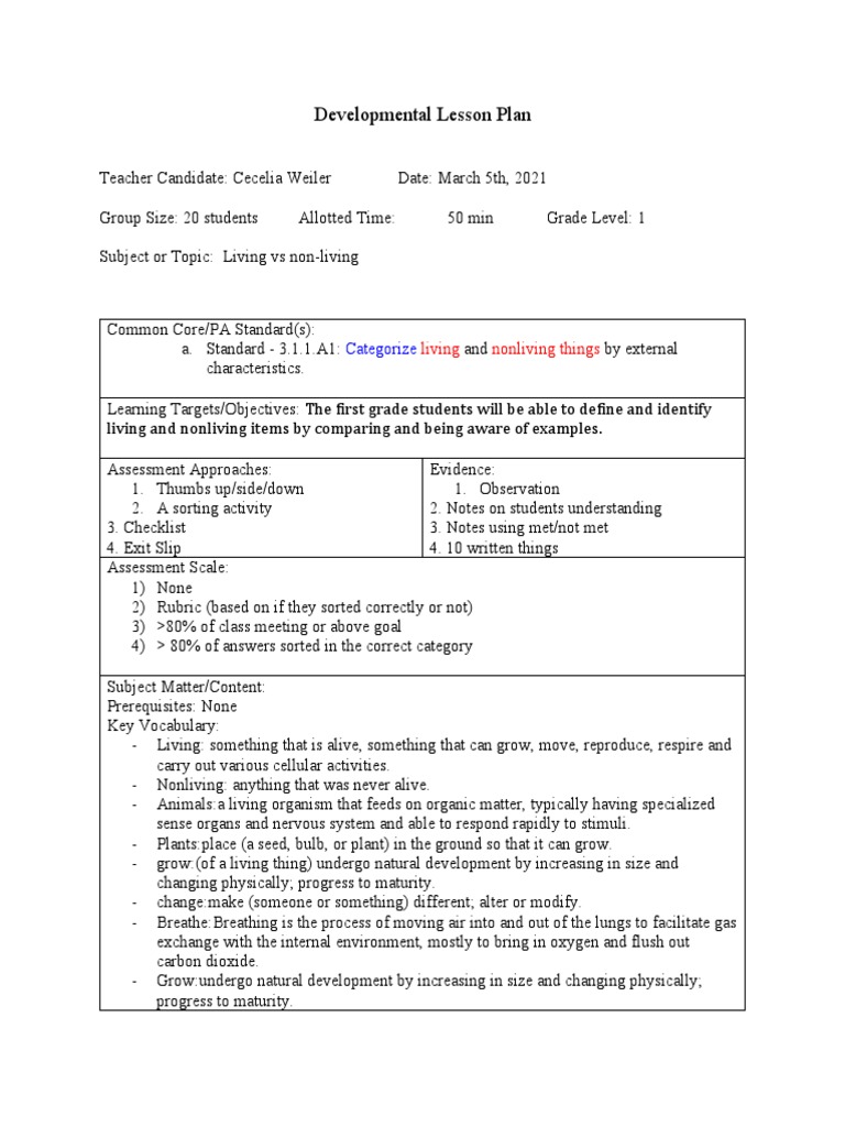 Developmental Lesson Plan: Categorize | PDF | Life | Lesson Plan