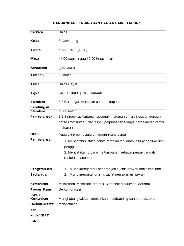 RPH Sains Tahun 5 | PDF
