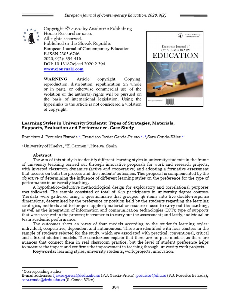 Learning Styles in University Students, Types of Strategies, Materials, Supports, Evaluation and ...