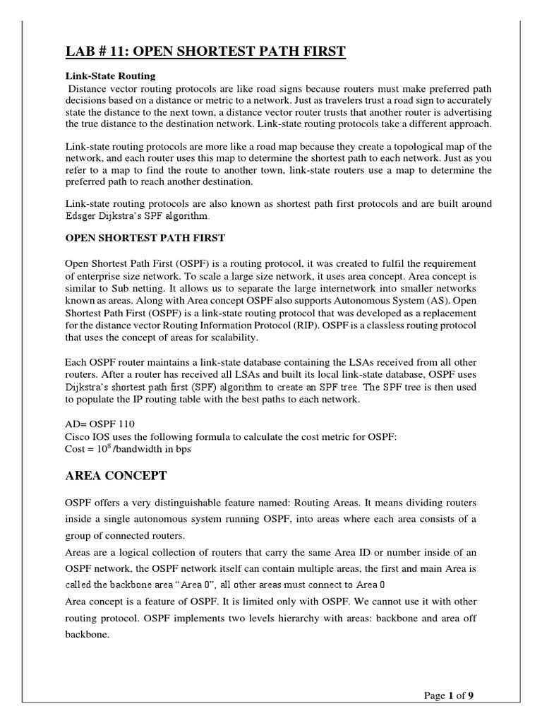Lab 11 Open Shortest Path First Link State Routing Pdf Routing Router Computing
