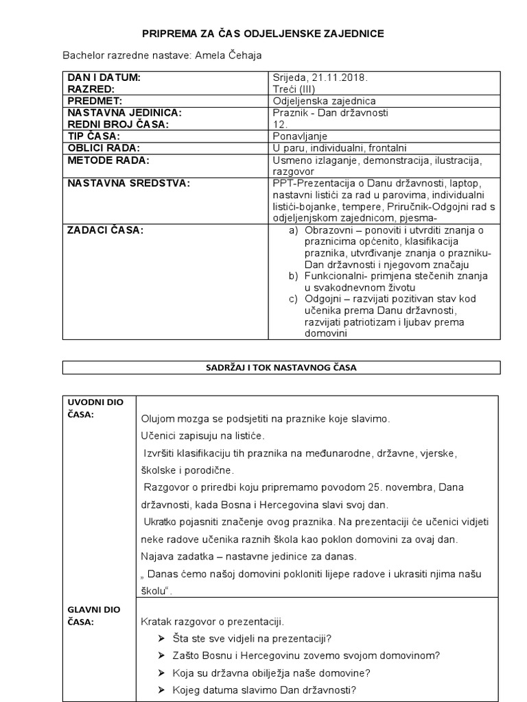 PRIPREMA ZA ČAS ODJELJENSKE ZAJEDNICE - Dan Državnosti - Ogledni | PDF