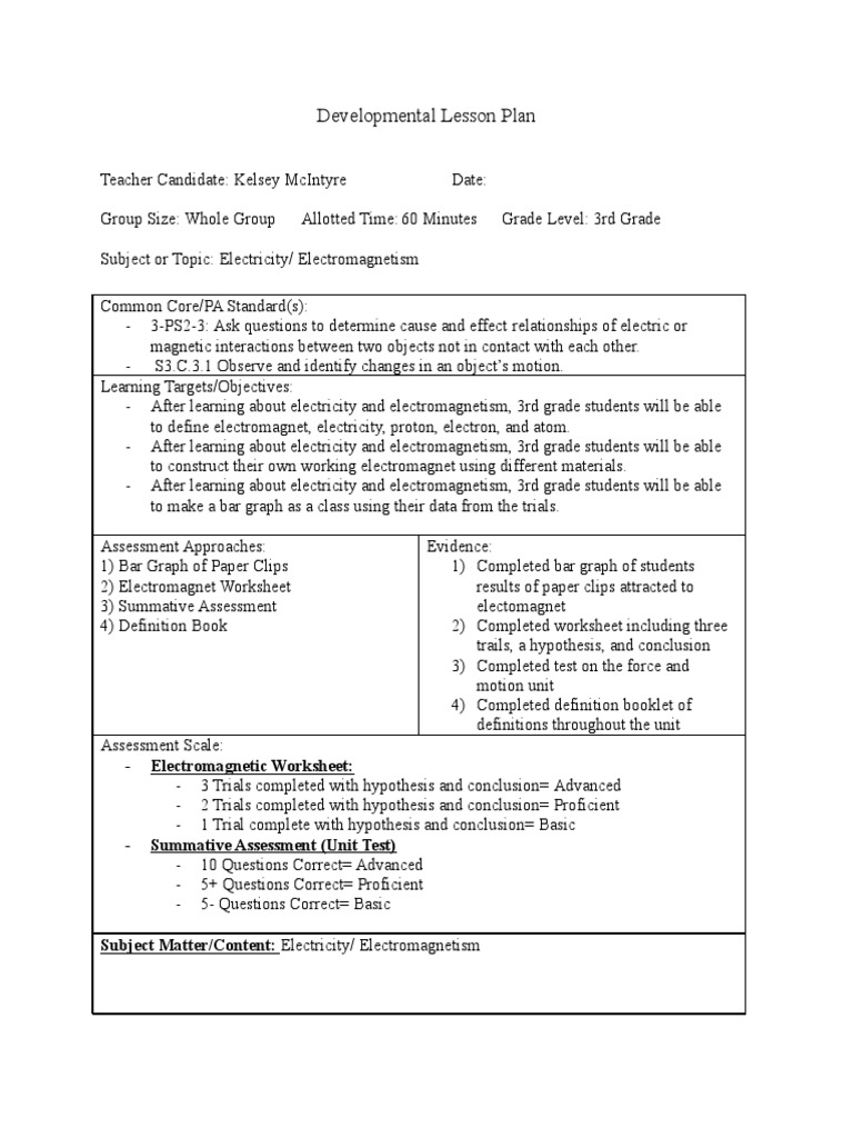 Developmental Lesson Plan: - Electromagnetic Worksheet | PDF | Atoms ...