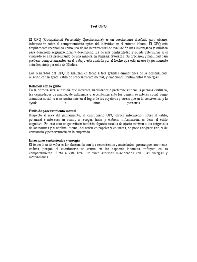 Cuestionario de Personalidad OPQ | PDF