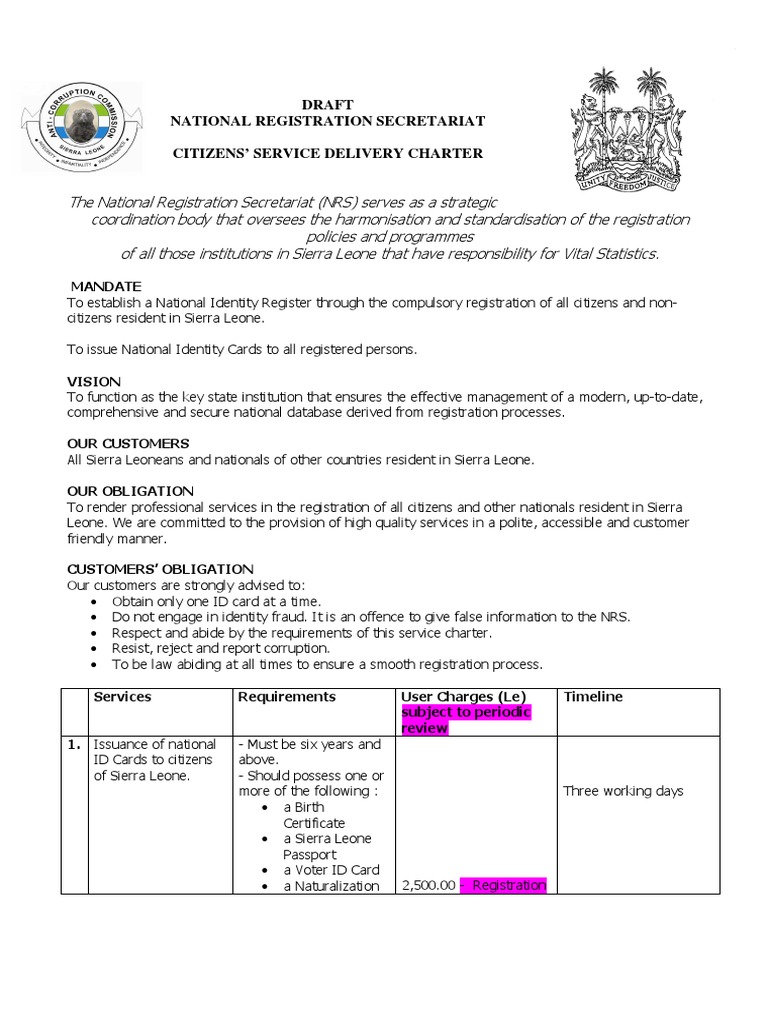 Draft National Registration Secretariat Citizens' Service Delivery ...