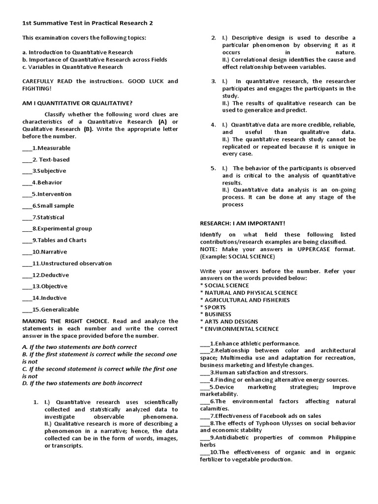 1st Summative Test: Practical Research 2 | PDF | Quantitative Research ...