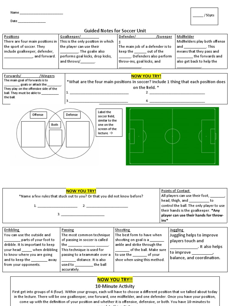 Soccer Unit Guided Notes | PDF | Defender (Association Football ...