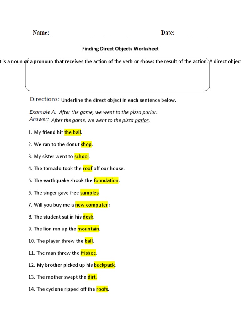 Finding Direct Objects Worksheet Pdf