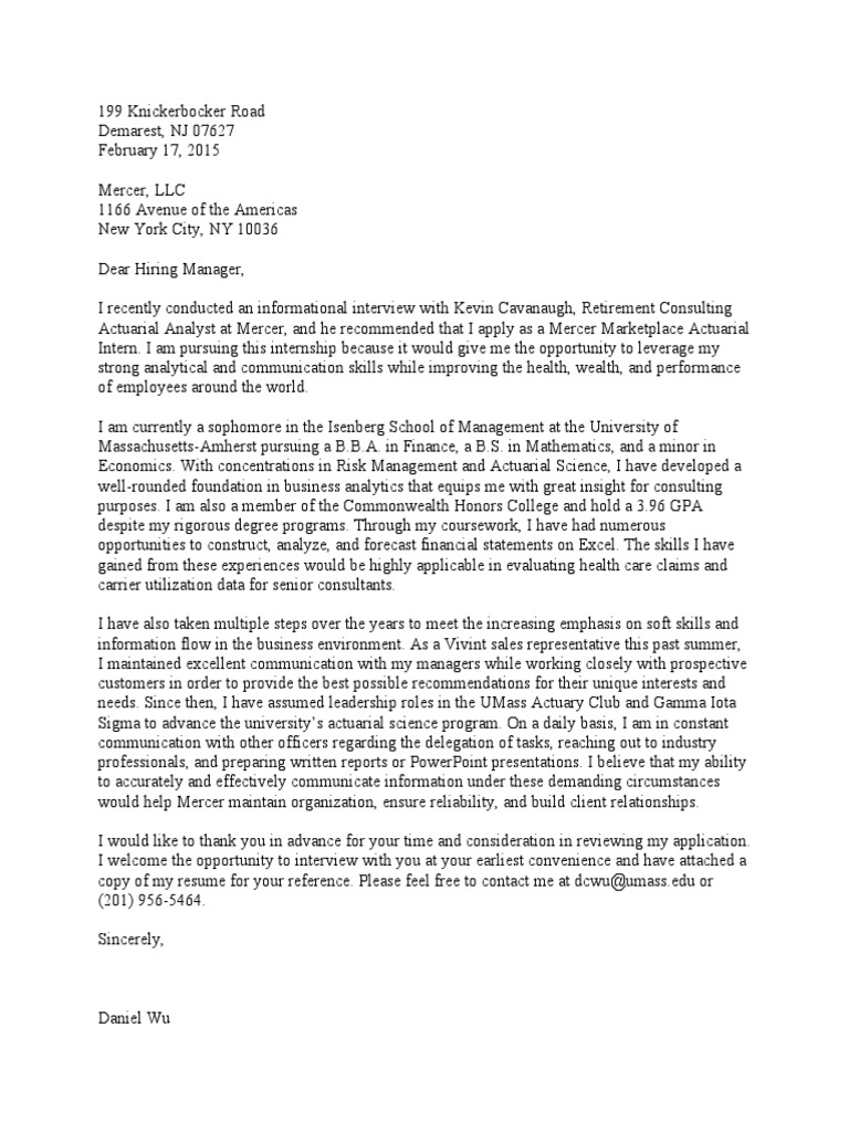 Good Sample Cover Letter 4 | PDF | Actuary | Actuarial Science