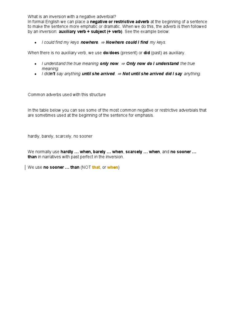What Is An Inversion With A Negative Adverbial | PDF | Verb | Adverb