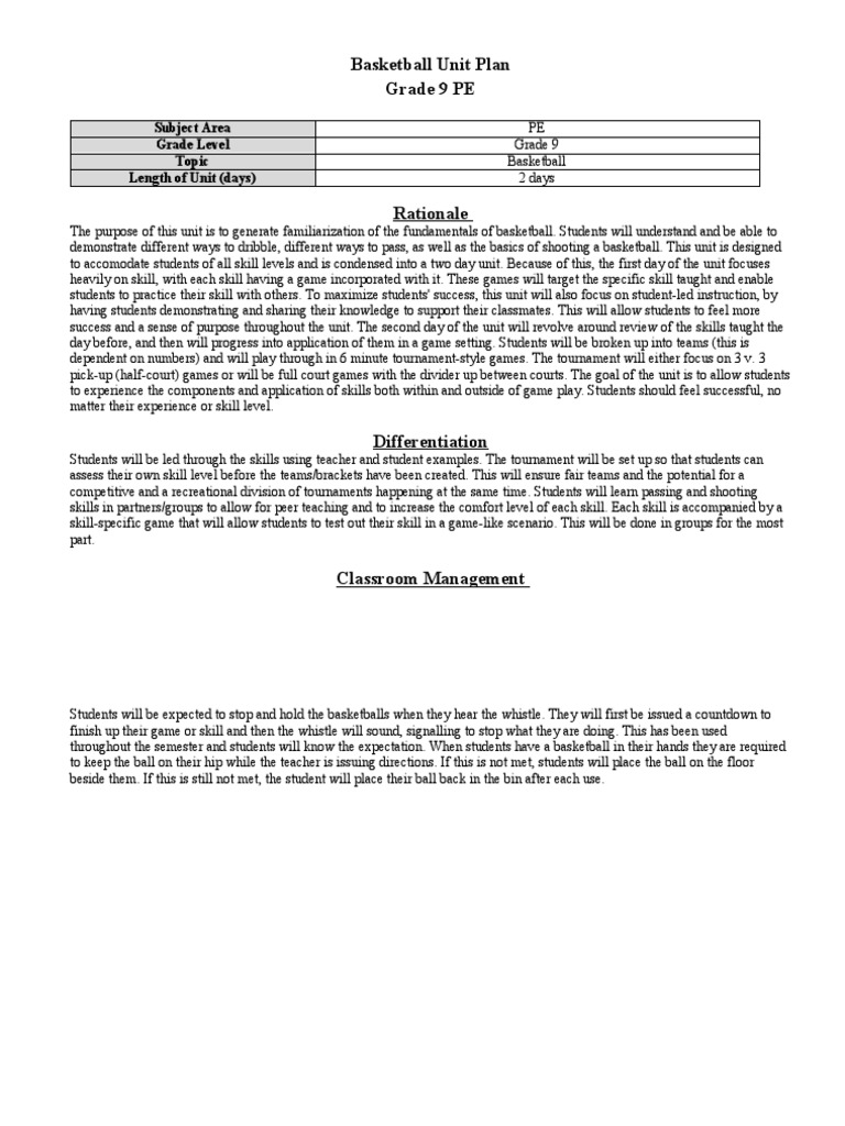 Basketball Unit Plan Grade 9 PE: Subject Area Grade Level Topic Length ...