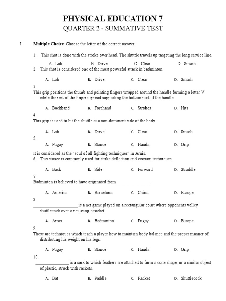 Physical Education 7 Summative Test | PDF