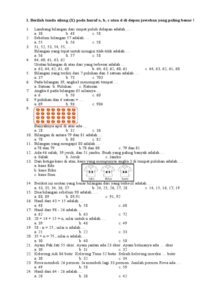 Soal UTS Matematika Kelas 1 | PDF