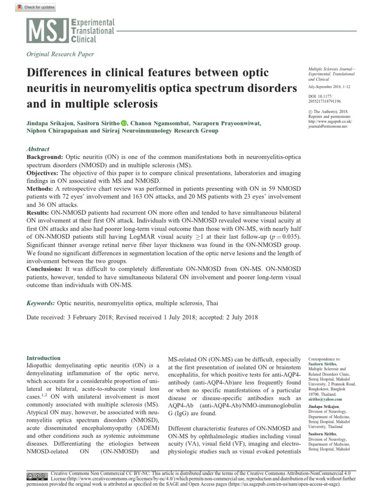 Differences in Clinical Features Between Optic Neuritis in Neuromyelitis Optica Spectrum Dis ...