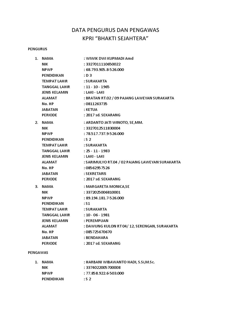 Data Pengurus Dan Pengawas Koperasi Sejahtera | PDF