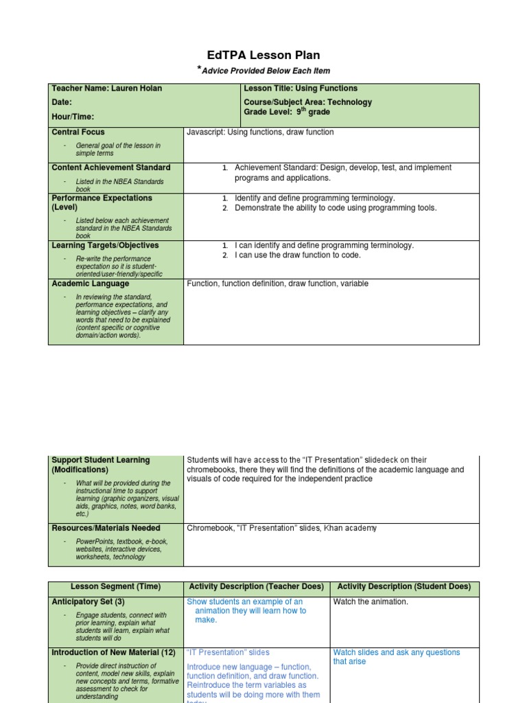 EdTPA Technology Lesson Plan: Functions | PDF | Lesson Plan | Subroutine