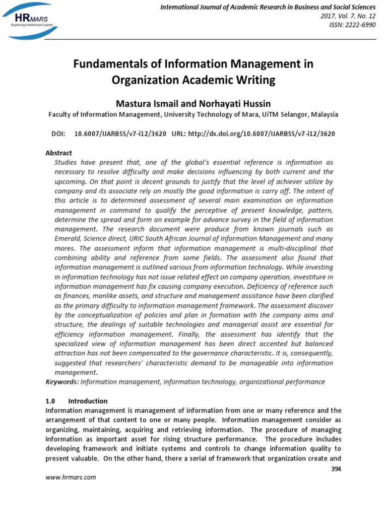 Fundamentals of Information Management in Organization Academic Writing ...