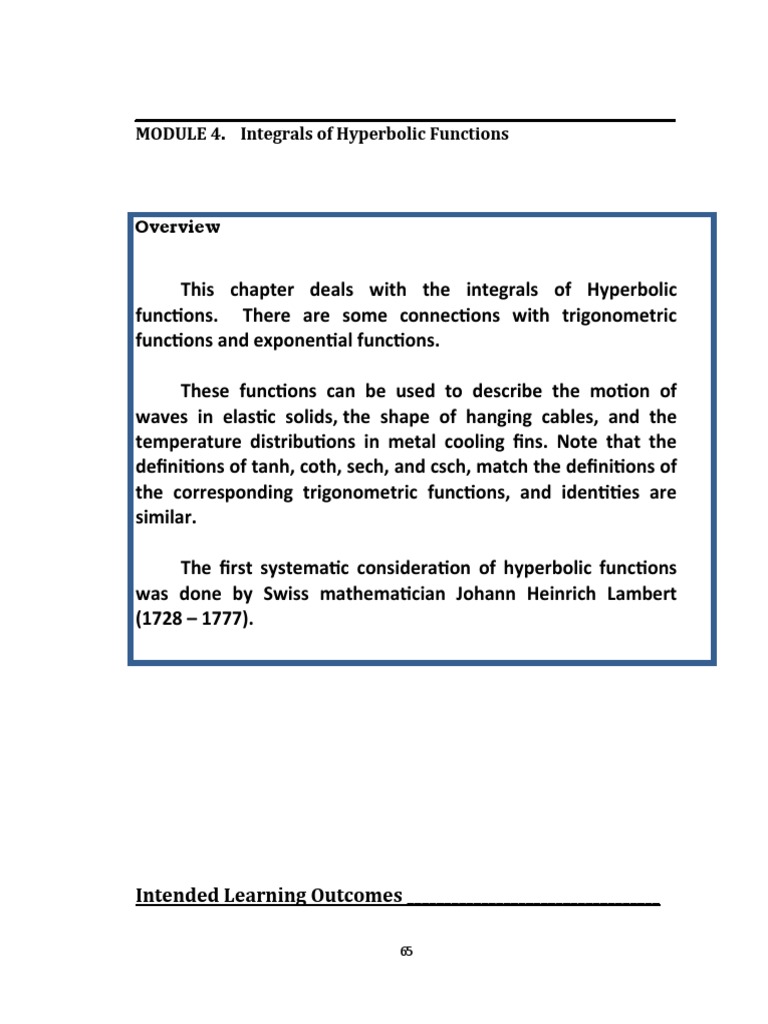 MODULE 4. Integrals of Hyperbolic Functions | PDF | Trigonometric ...