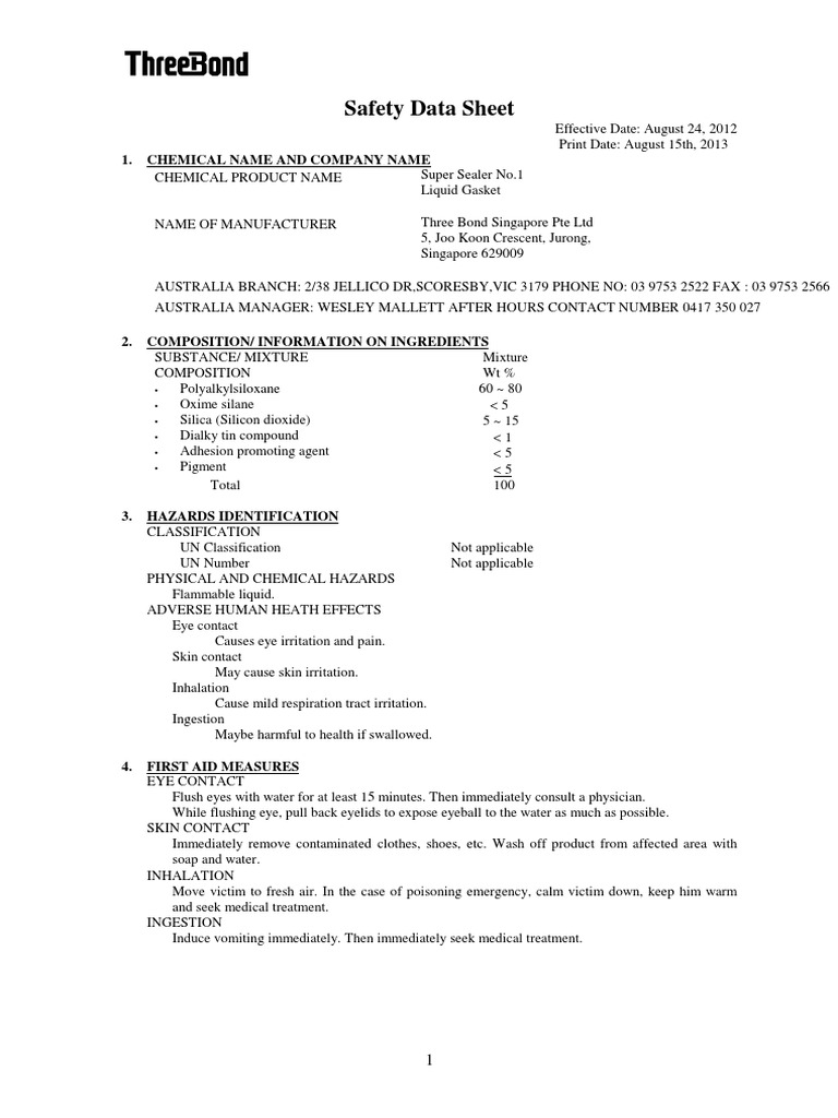 Threebond Super Sealer Safety Data Sheet | PDF | Firefighting | Toxicity
