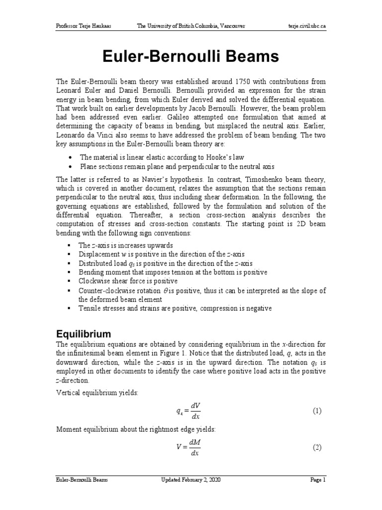 Euler-Bernoulli beam theory explained | PDF | Bending | Beam (Structure)