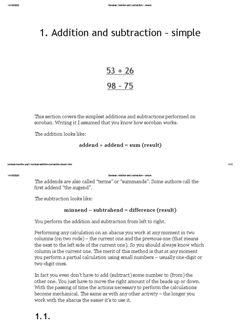 Soroban - 01 Addition and Subtraction - Simple | PDF | Subtraction ...