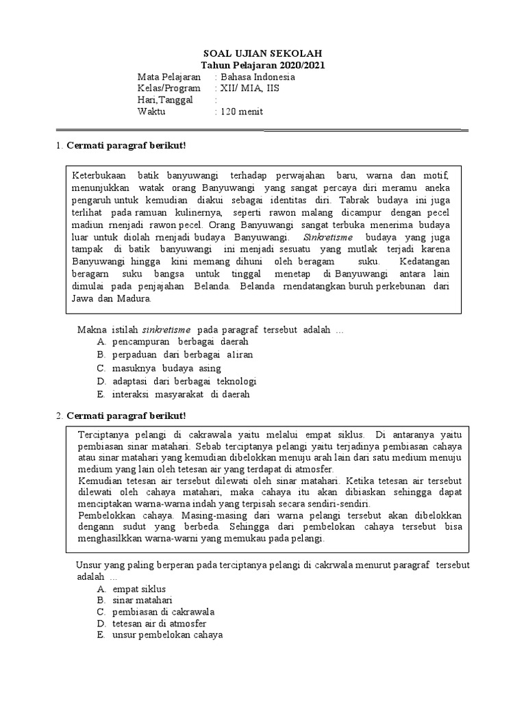 Soal Us Bhs Indonesia Kls Xii 2021 | PDF