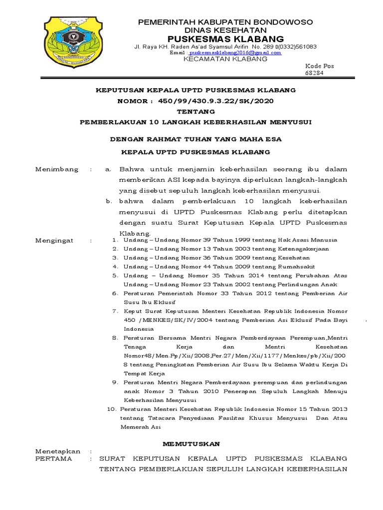 SK 10 Langkah Keberhasilan Menyusui Puskesmas Klabang | PDF