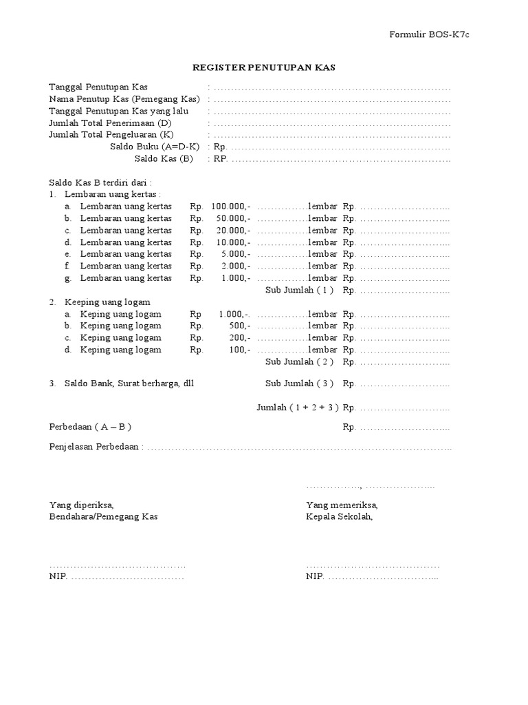 Register Penutupan Kas | PDF