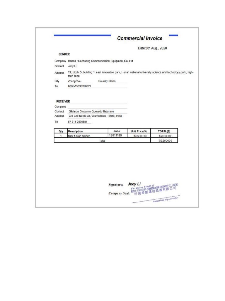 Commercial Invoice Jecy 20200805 | PDF