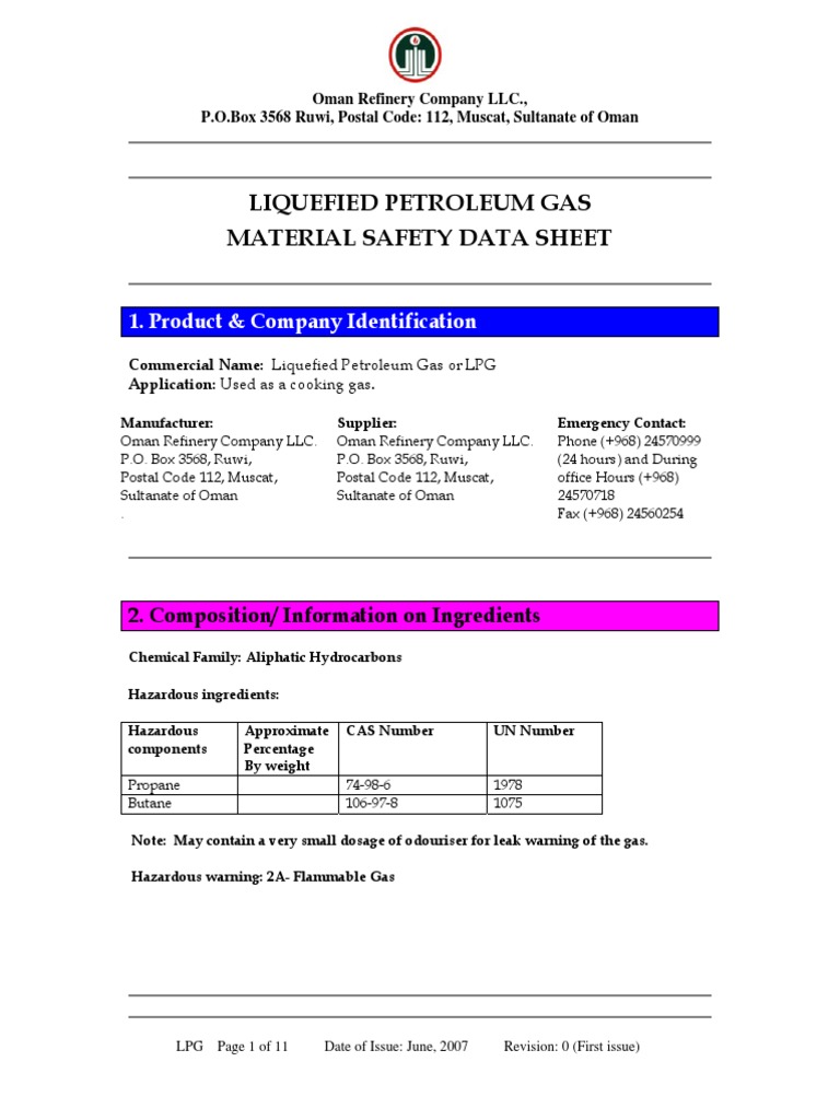 Liquefied Petroleum Gas Material Safety Data Sheet: 1. Product ...