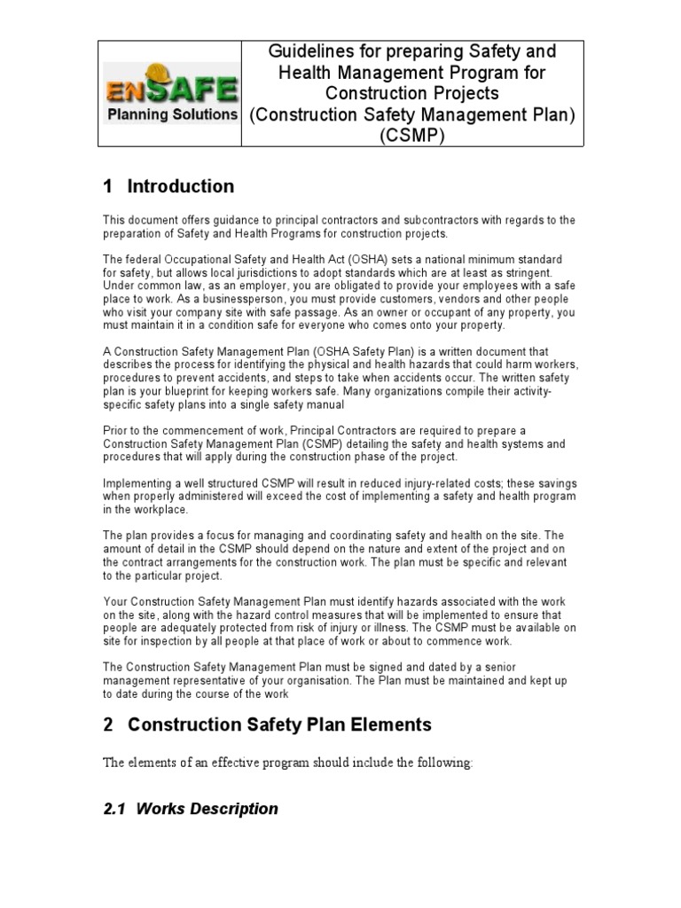 Ensafe Guidelines For Preparing Construction Safety Plans - Usa | PDF ...