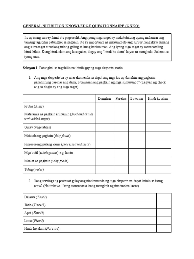 General Nutrition Knowledge Questionnaire (GNKQ) Tagalog Ver. | PDF